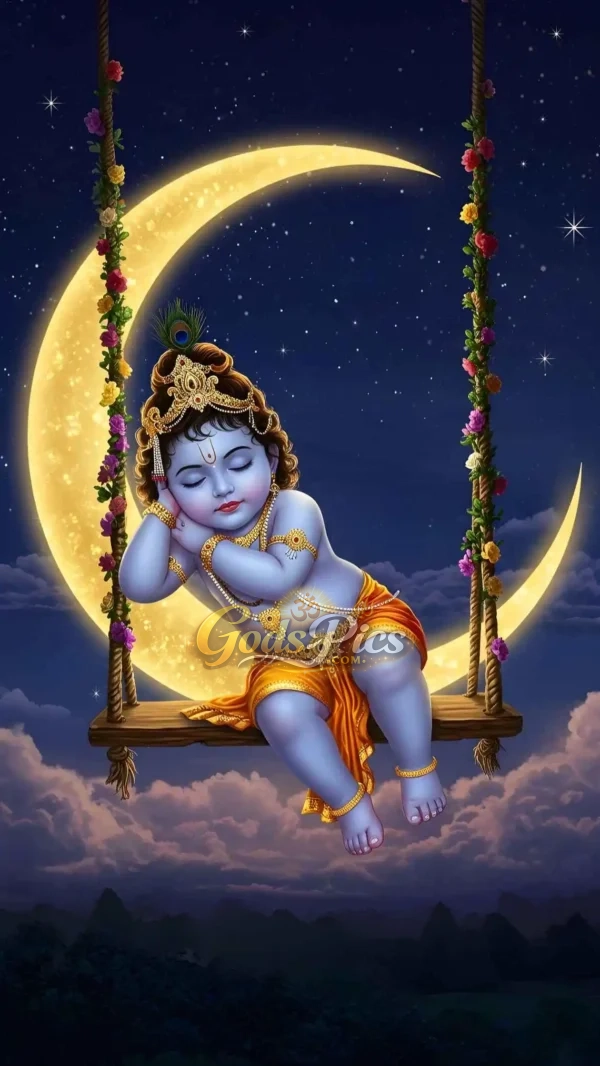 Divine Lord Krishna Sleeping In Moon– Premium Spiritual Digital Art ...
