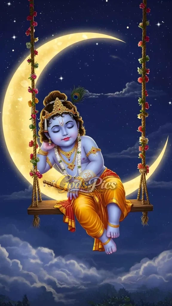 Divine Lord Krishna Sleeping In Moon– Premium Spiritual Digital Art ...