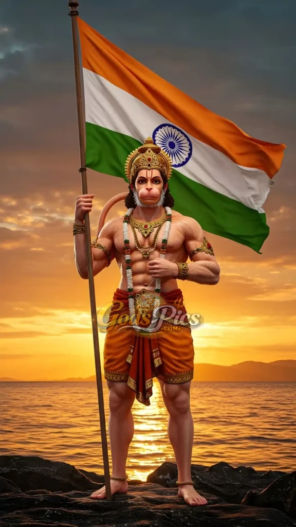 Veer Lord Hanuman Holding Indian National Flag – Patriotic Spiritual ...